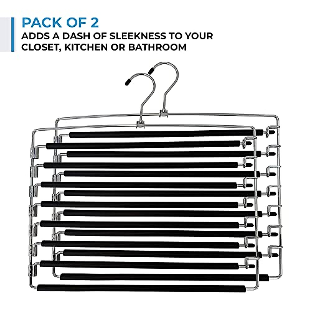 USTECH 8 Tier Swing Arm Pants Hanger | Space Saving Clothing Hangers with Foam Padding and Removable Arms | Alloy Steel Construction for Durability | Hook with Capped Ends for Added Safety | Pack of 2