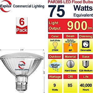 Explux Commercial-grade LED PAR30 Short Neck Flood Light Bulbs, 75W Equivalent, 40000 Hours, Dimmable, Full-glass Waterproof & Anti-Ageing, Soft White 2700K, 6-Pack