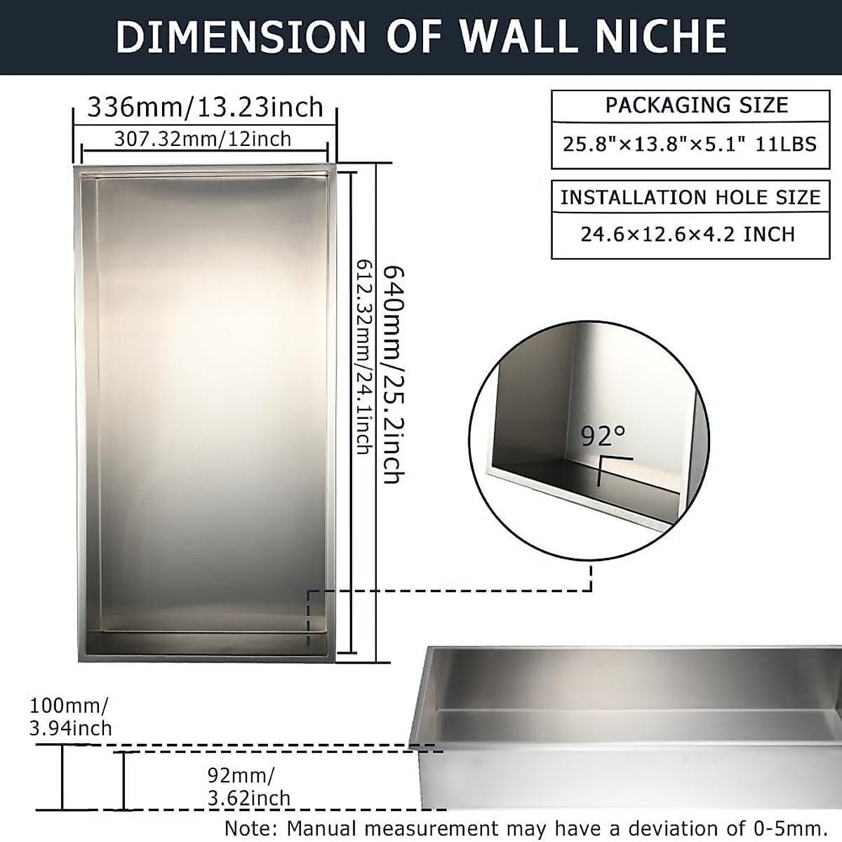 Supllueer Stainless Steel Shower Niche 24" X 12",No Tile Needed Recessed Shower Shelf,Recessed Niche Shower Niche for Bathroom Storage Over Mount Installation