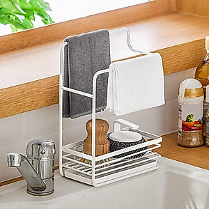 Poeland Sponge Holder with Drain Pan, Kitchen Sink Caddy Organizer for Sponge Brush Soap Dish Dishcloth Rack
