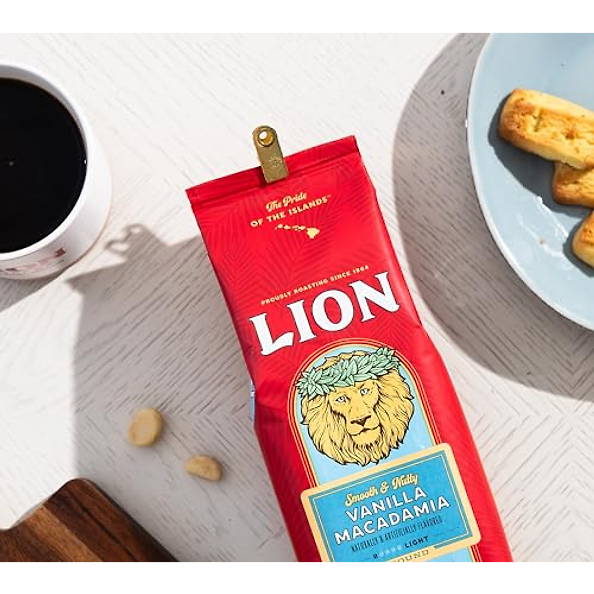 Lion Coffee, Vanilla Macadamia Flavor Light Roast - Ground Coffee, 24 Ounce Bag