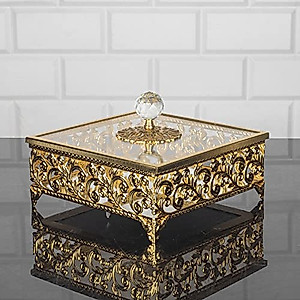 Handmade Napkin Holder for Table, Antique-Looking Fancy Gold Napkin Dispenser for Kitchen, Rustic Metal Napkin Basket with Lid, Square, 7.5 in (Gold)