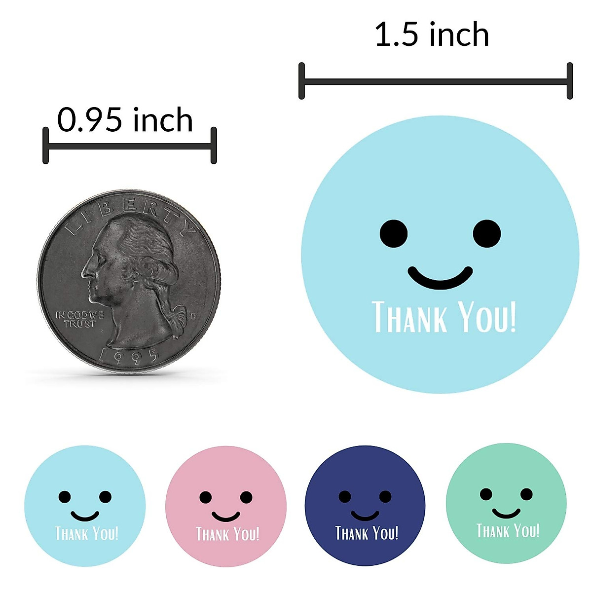 Mobiusea Party Thank You Stickers Roll | Happy Smiley Faces |1.5 inch | Waterproof | 500 Labels for Small Business, Packaging, Mailer Seal Stickers, Baby Showers, Kids Birthday Party | 4 Color Designs