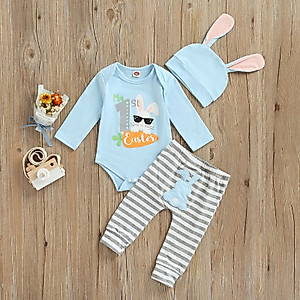Meiweileya Newborn Baby Boys Easter Bunny Outfits My 1st Easter Romper+Striped Pants+Ear Hat 3Piece Rabbit Clothes Set (Light Blue, 3-6 Months)
