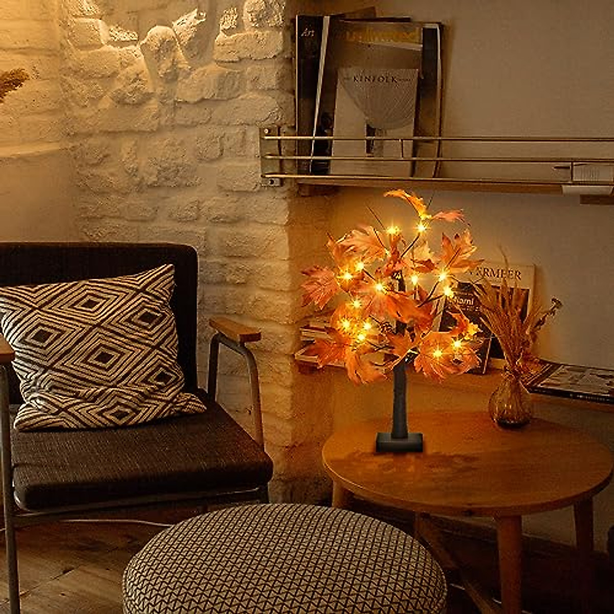 22 Inch Lighted Maple Tree Fall Tree Thanksgiving Tree Decorations with 6 Acorns & Pumpkins & Pinecones Autumn Decor with 18 LED Thanksgiving Decorations Indoor for Harvest, Fall, Party, Table