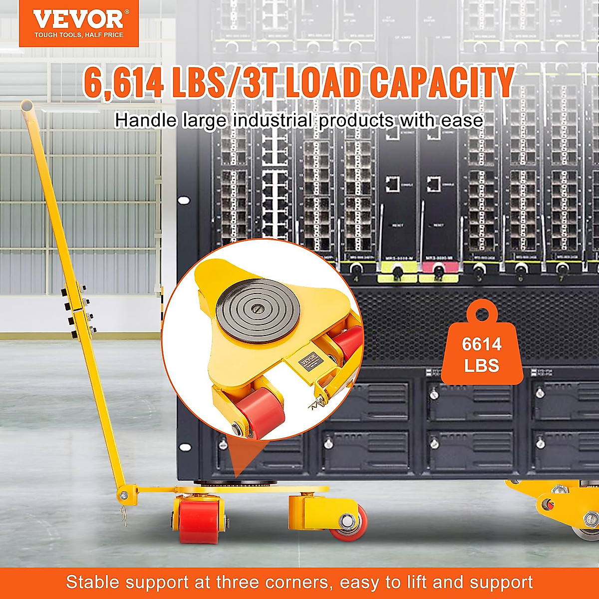 VEVOR Machinery Skate Dolly, 6614 LBS/3T Industrial Machinery Mover with Handle, Carbon Steel Machinery Moving Skate with 3 360° Swivel PU Wheels, 360° Rotation Non-Slip Cap for Warehouse, Workshop