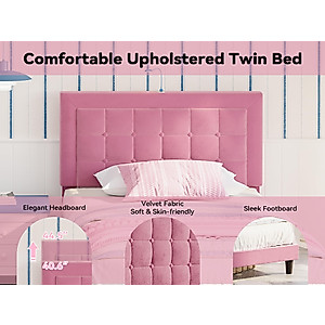 ANCTOR Twin Bed Frame with USB Ports, Velvet Upholstered Platform Bed with Height Adjustable Headboard, Heavy Duty Metal Support Legs, Stable, Durable, No Box Spring Needed, Noise-Free, Easy Assembly
