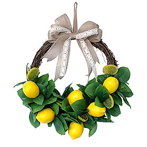 QCUTEP 15.7inch Spring Fruit Wreath Front Door Wreath Artificial Yellow Lemon Wreath for Home Garden Front Door Indoor Wall Decorations
