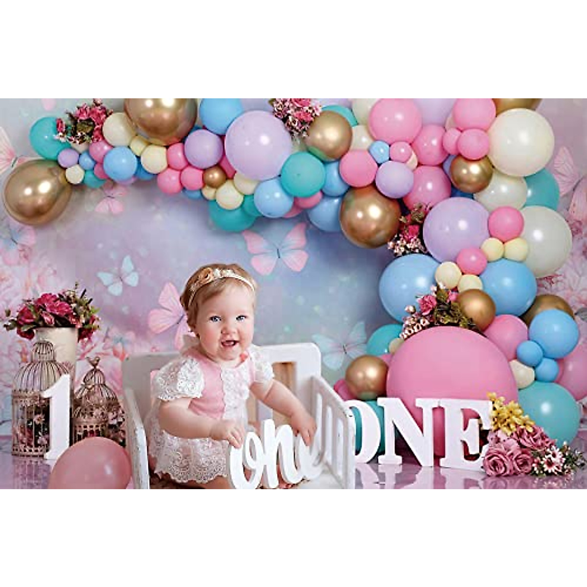 First Birthday Backdrop for Girl Pink Purple Balloon Backdrops for Photography Cake Smash Background for Baby Girl Flowers Butterfly Kids1st Birthday Banner Decorations 7x5ft
