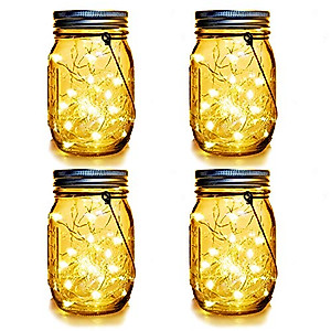 WERTIOO 4 Pack Solar Mason Jars Lights, 30 LEDs Hanging Solar Lanterns Garden Decor Outdoor Lights Warm White Table Decor Fairy Lights for Balcony Patio Porch Christmas Party