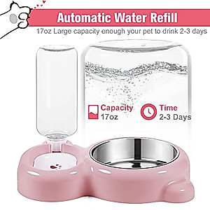 Azwraith Double Dog Cat Bowls, Pet Water and Food Bowl Set with Automatic Water Dispenser Bottle Detachable Stainless Steel Bowl for Small Dogs and Cats Kitten Puppy Rabbit Bunny - Pink