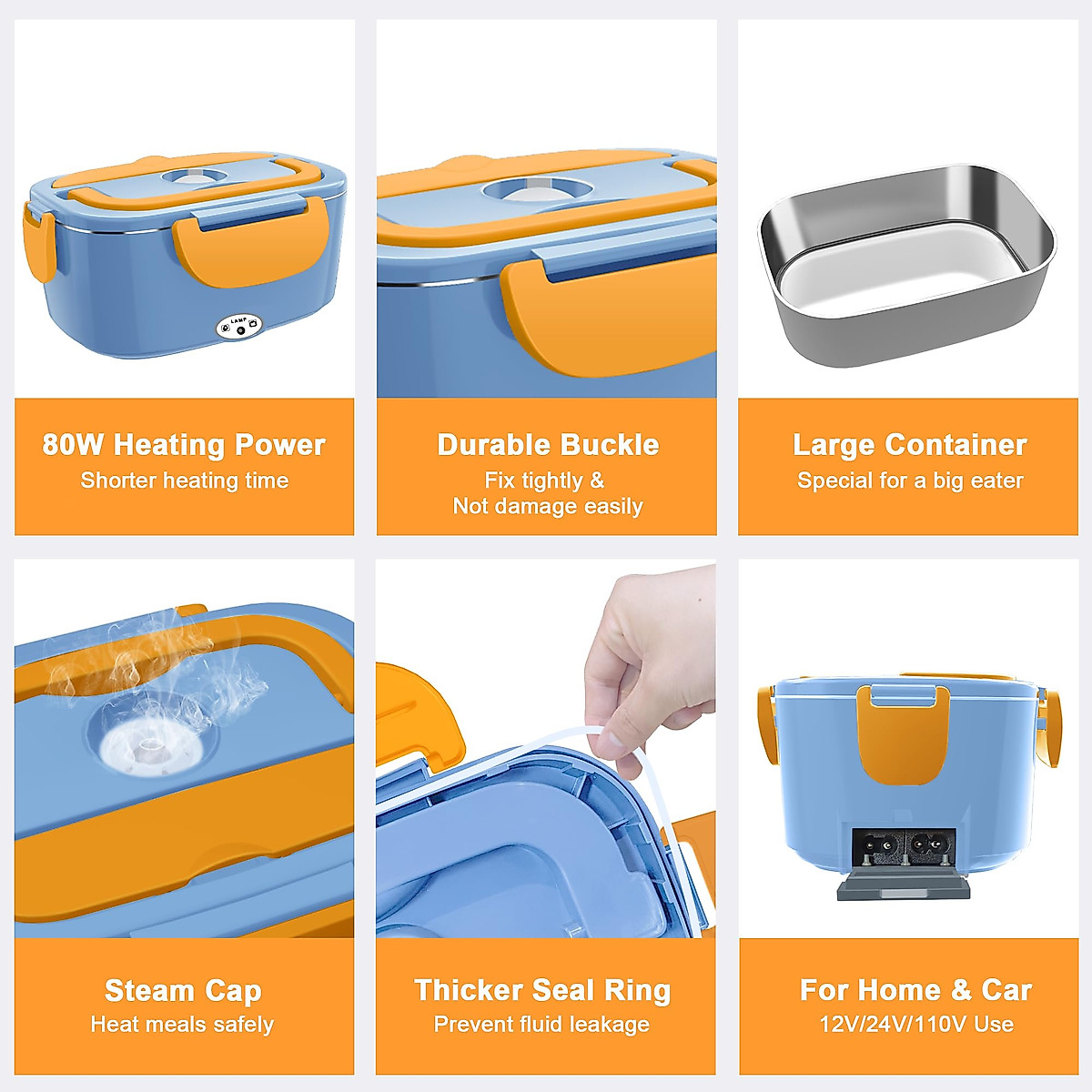 HOLDRUBY 75W Electric Lunch Box food heated 3 In 1 Portable Food Warmer Heater for Car/Truck/Home Heating Lunch Box with 1.5L 304 SS Container, Fork Spoon & Bag (Light Blue+Yellow)