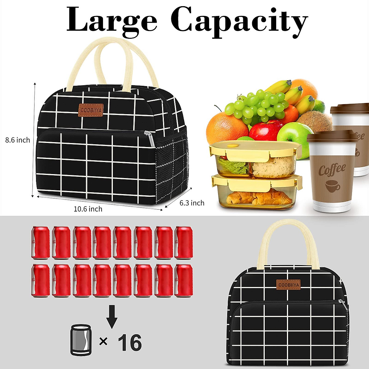Coobiiya Lunch Bag Women, Lunch Box Lunch Bag for Women Adult Men, Small Leakproof Cute Lunch Tote Large Capacity Reusable Insulated Cooler Lunch Container for Work/Office/Picnic/Travel-Black Plaid