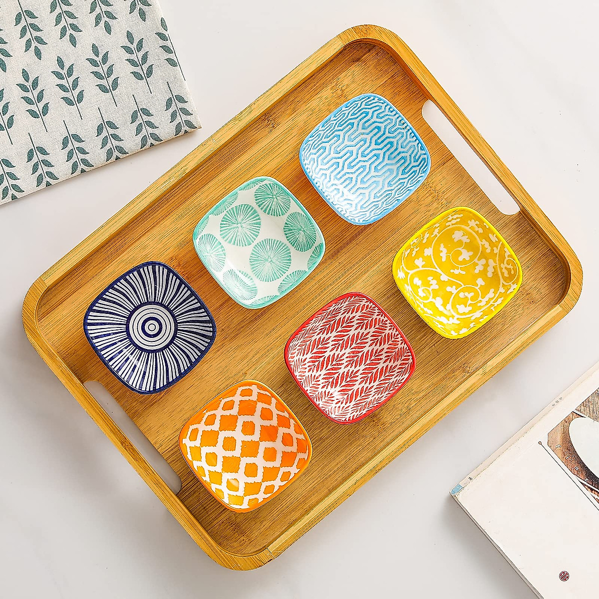 KitchenTour 3 Oz Soy Sauce Dishes Ceramic Dip Bowls Set, Porcelain Dipping Sauce Bowls Side Dish Bowl for Seasoning, Ketchup, Soy, BBQ, Set of 6, Square