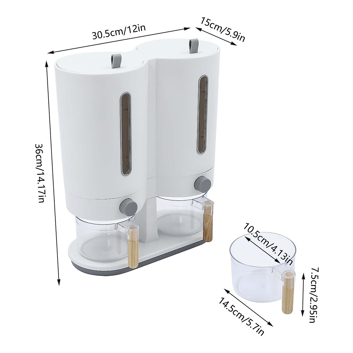 Xuthusman 11.02 lbs Dual Rice Dispenser with Two Measuring Cups, Free-standing Rice Dispenser, PP Dual Rice Storage Container 12 * 5.9 * 14.17in (White+Grey+Clear)