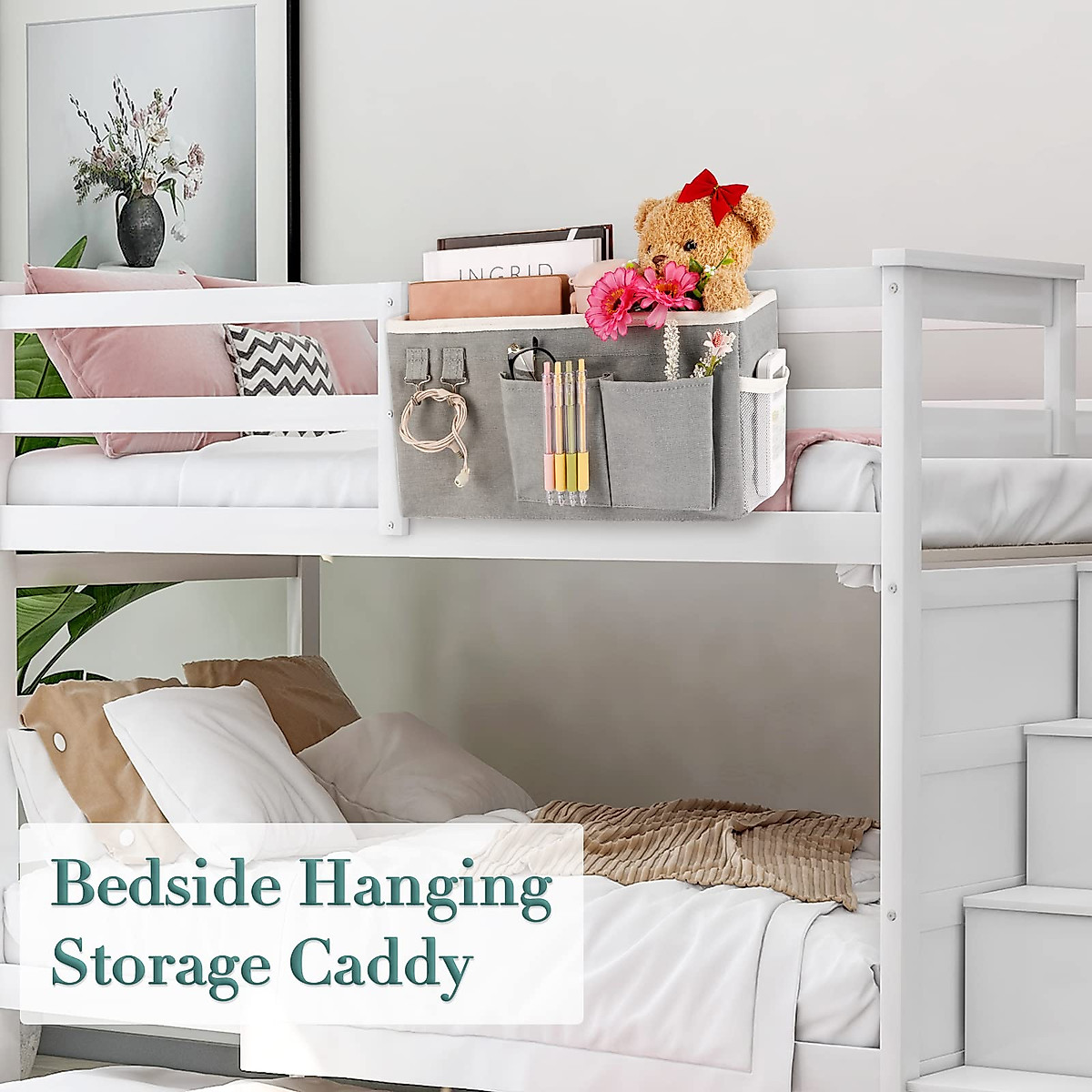 Casremee Bedside Caddy Bedside Storage Bag Hanging Organizer for Bunk Hospital Beds Dorm Rooms Bed Rails Can be Placed Books Mobile Phones Keys Water Bottle (Grey)