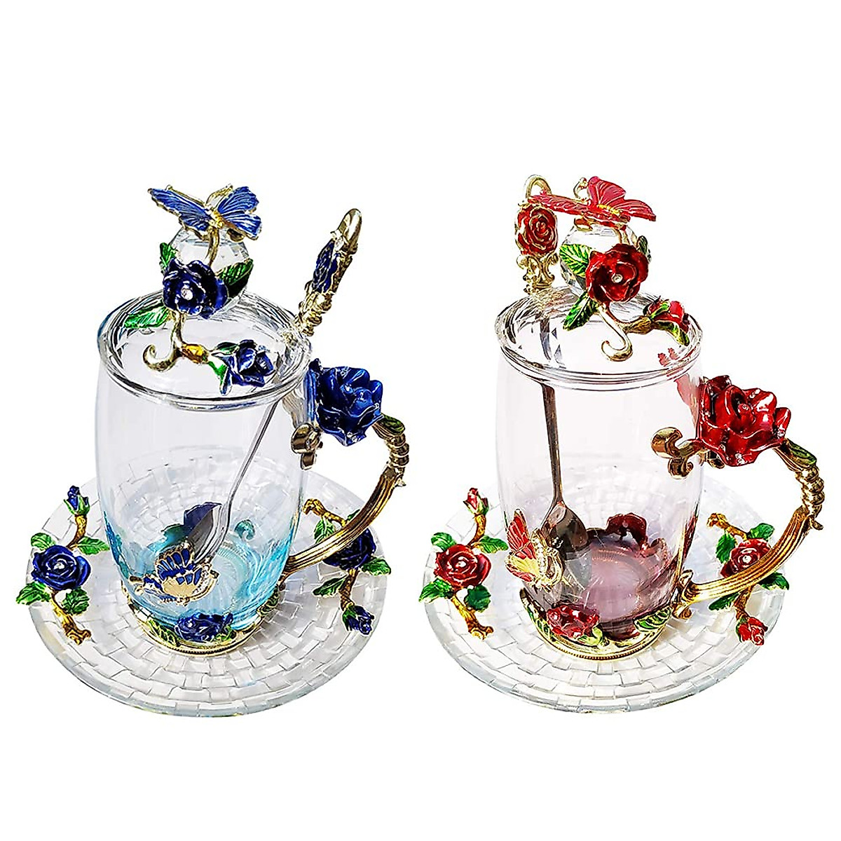LANTREE Tea Cups with Saucer Lid Spoon Flower Butterfly Tea Cup Fancy Coffee Mug Unique Christmas Gift for Women Coworker Grandma Pack of 2(12oz)