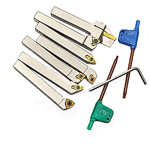 OSCARBIDE 3/8"Shank 7 Pieces/Set Nickel Plated Indexable Lathe Turning Tool Holder,CNC Heavy-Duty Metal Lathe Cutting Tools for Turning Grooving Threading with Tin Coated Carbide Inserts