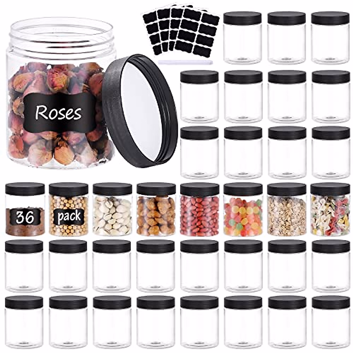OUSHINAN 36PCS 8OZ Plastic Jars with Screw On Lids, Pen and Labels Refillable Empty Round Slime Cosmetics Containers for Storing Dry Food, Makeup, Slime, Honey Jam, Cream, Butter, Lotion (Black)