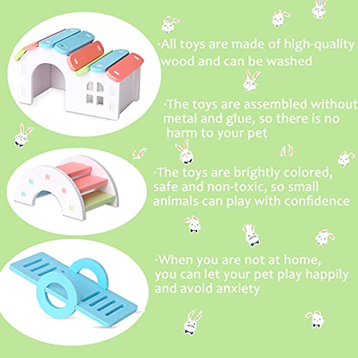 DJun Hamster Rainbow Chew Toys Include House Bridge Swing Seesaw and 10 Colorful Rattan Balls, Pet Sport Exercise Toys Set, Guinea Pig Rat Chinchilla Cage Accessories for Small Animals (Style 1)