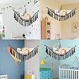 EOESFCB Stuffed Animals Net or Hammock Toy Hammock Boho Stuff Animal Storage Corner Hanging Net Holder Macrame Mesh Hammock Plush Toy Organizer with Tassel for Bedroom Nursery Decor - Black