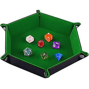 Kimairy DND Metal Dice Tray, Dice Folding Hexagon Tray Leather Dice Holder Velvet Rolling Storage Tray for Dice Games RPG DND Other Table Games and Candy Holder Storage Box (Green)