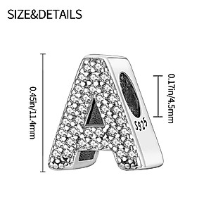 Pandach 925 sterling Silver Letters Charms A-Z Alphabet Beads with Cubic Zircons Charm Beads Pendants fit for European Bracelets Necklace Women Jewelry Gift Options