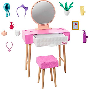 Barbie Furniture & Accessories Set, Doll House Décor, 10+ Pieces for Vanity Including Stand with Mirror, Stool, Beauty Products & More