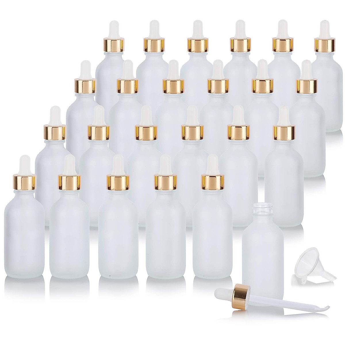 JUVITUS 2 oz / 60 ml Frosted Clear Glass Boston Round Bottle with Gold Metal and Glass Dropper (24 pack) + Funnel