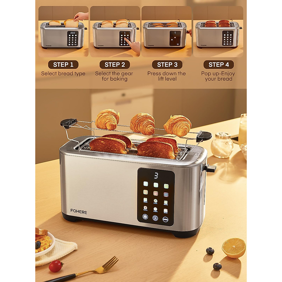 4 Slice Toaster Touch Screen Control, Long Extra Wide Slots Smart Bread Toaster, 6 Bread Types & 6 Shade Settings, Stainless Steel Toaster, with Removable Tray, Cancel/Defrost/Reheat Function, Sliver