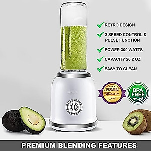 Geniuslix Personal Blender for Smoothies & Shakes - Portable Mini Smoothie Blender with BPA-Free 2 Travel Bottles 20 oz with Lids, 2 Speed Manual Control & Pulse Function, 6 Stainless Steel Blades for Crushing Ice - 300 Watts.