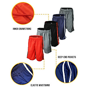 BROOKLYN VERTICAL Boys 5-Pack Athletic Performance Basketball Shorts with Pockets and Drawstring Closure (14/16, Combo A)