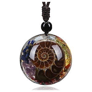 Top Plaza 7 Chakra Natural Healing Crystal Stone Pendant Necklace Adjustable Resin Ammonite Fossil Spiritual Necklace Jewelry for Women Men