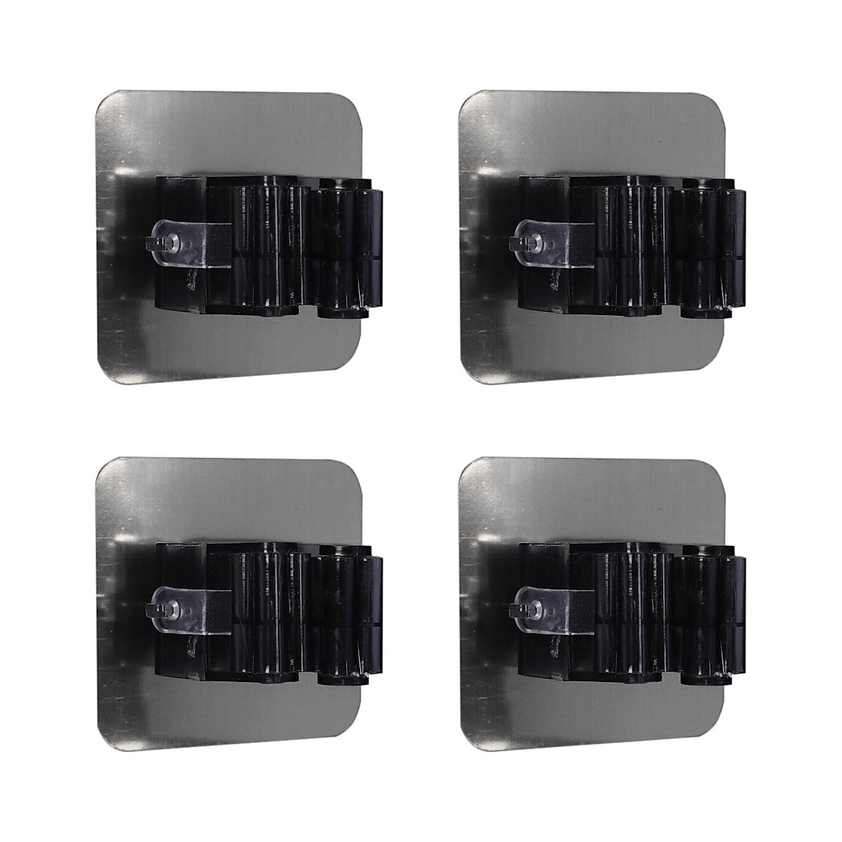 YIWULA 4PCS Mop Broom Holder No Drill Stainless Steel, Mop Broom Organizer Wall Mounted Heavy Duty with Hooks Hanger, Storage Rack Self Adhesive for Bathroom, Kitchen, Office (Black)