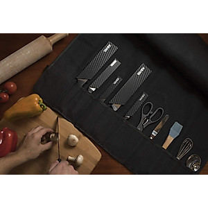 Asaya Canvas Chef Knife Roll Bag - 10 Knife Slots and a Large Zipper Pocket - Durable 10oz Canvas Knife Case with an Adjustable Shoulder Strap - Knives not Included