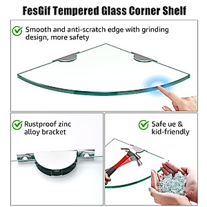 FesGif 4 Pack Glass Shelf Corner Bathroom Storage Organizer Shelf Shower Caddy Shelf Basket Shampoo Holder Tempered Clear Glass Wall Shelves for Kitchen Laundry No Drilling Adhesive Bathroom Shelf