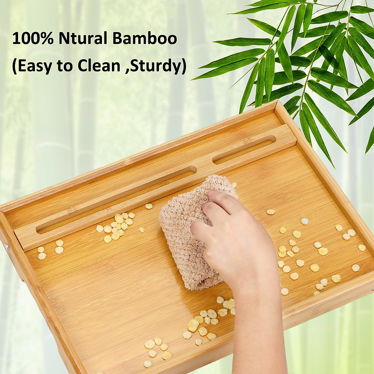 Moretoes 2pcs Bed Tray Table for Eating, Bamboo Breakfast Food Tray with Adjustable Folding Legs and Phone Holders for Sofa Laptop Desk Snack Tray