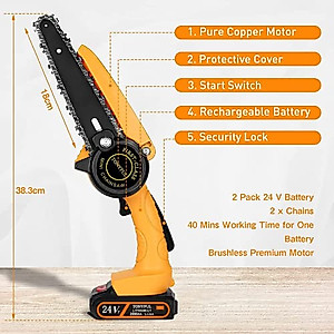 Mini Chainsaw, TONYFUL 6-Inch Cordless Chainsaw with 2 Battery and Replacement Chain, Professional Electric Chainsaw Portable Handheld Chainsaw Rechargeable Garden Saw for Pruning Trees Wood Cutting