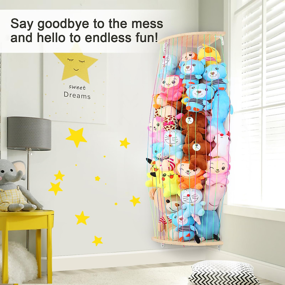 Stuffed Animal Storage, Wood Soft Toy Shelf with Adjustable Length Nursery Toy Organizer Hammock, Hanging Corner Net Stuff Animal Holder Zoo,Plush Toy Organizer for Play Room Bedroom Kids Room Décor