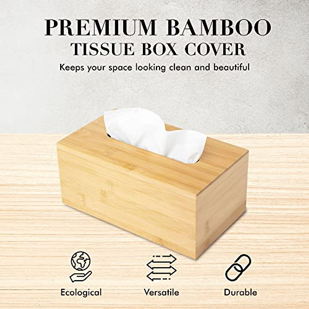 JUSK Design Tissue Box Holder, Modern, Minimalist, and Durable Wooden Tissue Box with Sliding Bottom, Easy-Refill Premium-Quality Bamboo Tissue Box Cover, Fits 184-Count Box, Rectangular