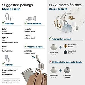 Amerock HBX36693PN | Granlyn Double Prong Decorative Wall Hook | Polished Nickel Hook for Coats, Hats, Backpacks, Bags | Hooks for Bathroom, Bedroom, Closet, Entryway, Laundry Room, Office