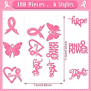 180 Pcs Breast Cancer Tattoo Sticker Temporary Pink Ribbon Tattoos Breast Cancer Awareness Glitter Tattoos Pink Ribbon Stickers Breast Cancer Body Tattoos for Women Girls Face Body Accessories
