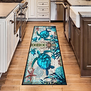Coastal Runner Rug for Hallway 2x6 Sea Turtle Hallway Rugs Nautical Throw Rug Blue Turtles Beach Ocean Life Teal Marine Animal Area Rug Non-Slip Floor Carpet for Bedroom Entryway Door Mat Washable Rug