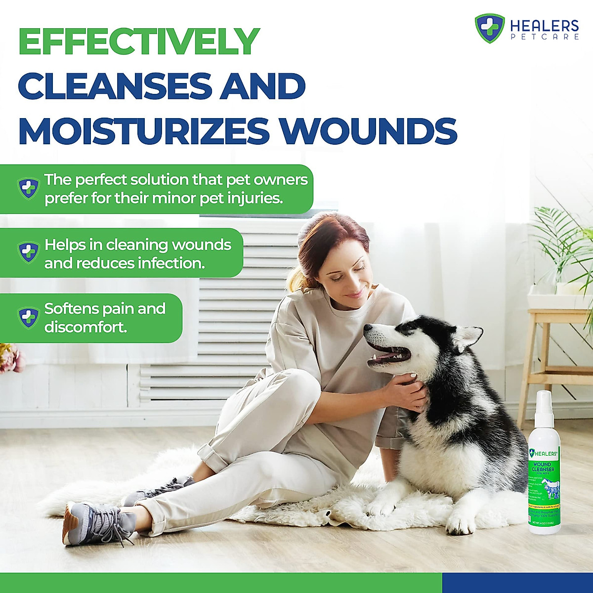 Healers PetCare Wound Cleanser - All Animal Wound and Skin Care Spray - Clean, Flush and Moisturize - Natural & Non-Toxic Pain Relief Cleaner for Dogs, Cats, & More Pets (4oz)
