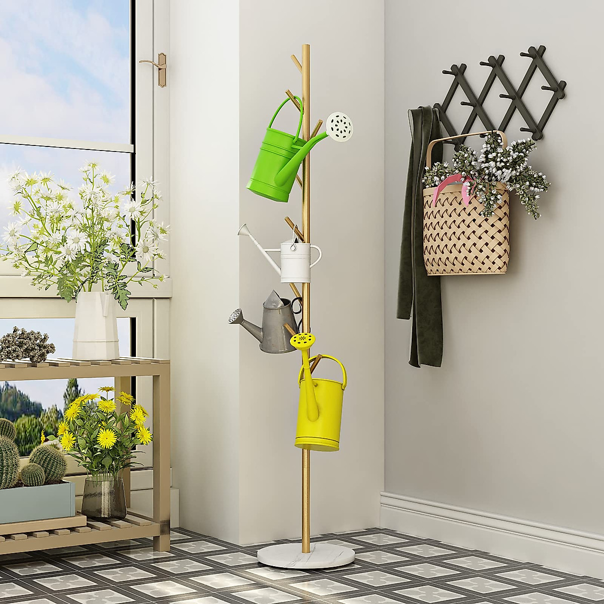 TIEOU Free-standing Coat Rack Gold, Hat Hanger Hall Tree, Metal Coat Hangers for Scarves, Backpacks, Umbrellas, Purses, Simple Coat Stand, Stylish Coat Tree with Stable Round Marble Base, 8 Coat Hooks