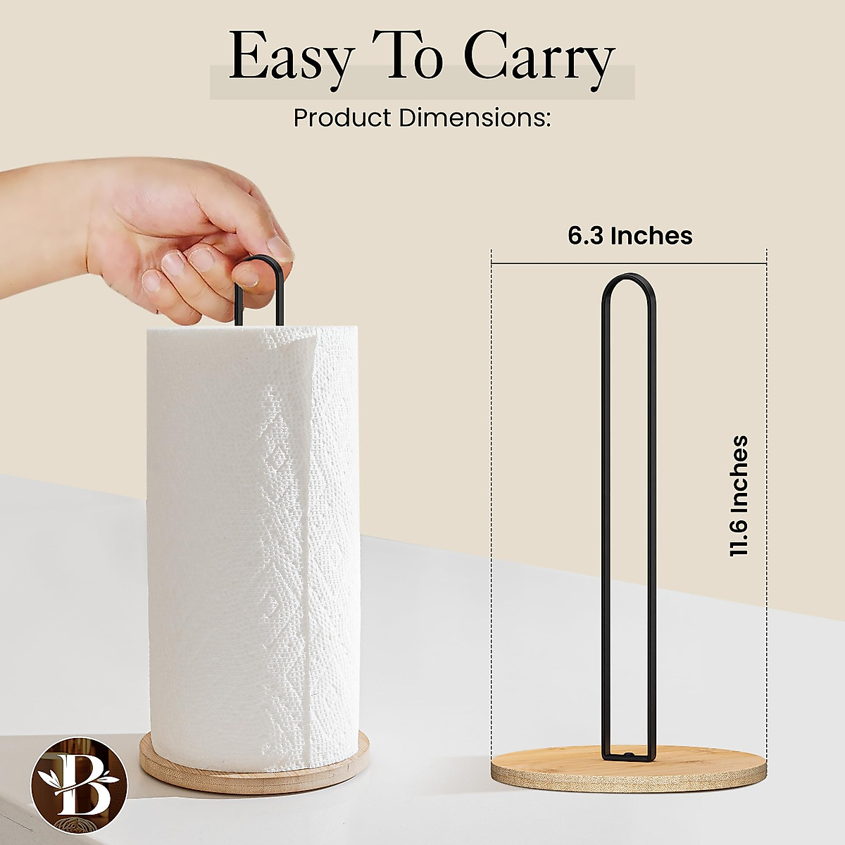 Paper Towel Holder - Wooden Paper Towel Holder with Non-Slip Wood Base, Minimalistic Modern Style, Countertop Paper Towel Holder, Black Paper Towels Holder, Paper Towel Stand for Kitchen, Home, Office