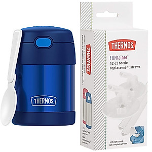 THERMOS FUNTAINER 10 Ounce Stainless Steel Vacuum Insulated Kids Food Jar with Folding Spoon Replacement Straws
