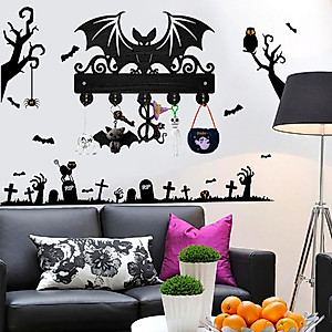 MAYJOYDIY Wood Bat Wall Key Hook Halloween Animal Theme Wall Mounted Key Holder 11.8×7.9inch Wall Art Decor Black Wall Key Rack Organizer 5 Alloy Hooks for Gift Hallway Home Decor Bag Towel Hanging