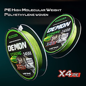 Mifine DemonStrong Braided Fishing Line, Abrasion Resistant 4 Strands PE Superline, Ultra-Thin Diameter, 15lb, Zero Stretch&Low Memory, Saltwater & Freshwater