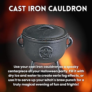 Cast Iron Cauldron with Lid and Carry Handle for Spells, Smudging, Ritual & Blessings | Includes 6 Free Incense Smudge Cups (4.5 Inch, Pentagram)